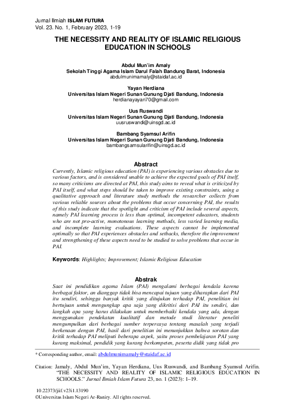 (PDF) The Necessity and Reality of Islamic Religious Education in Schools