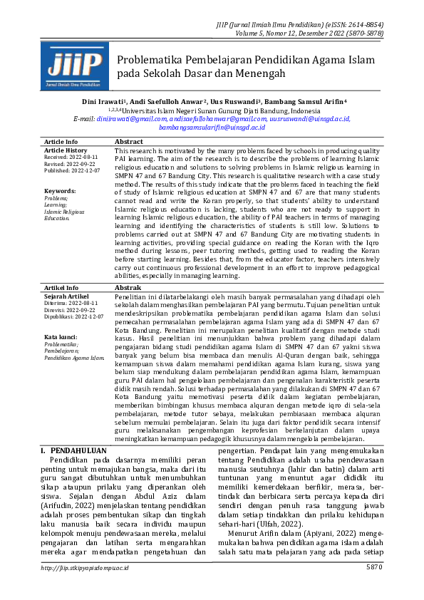 (PDF) Problematika Pembelajaran Pendidikan Agama Islam pada Sekolah Dasar dan Menengah