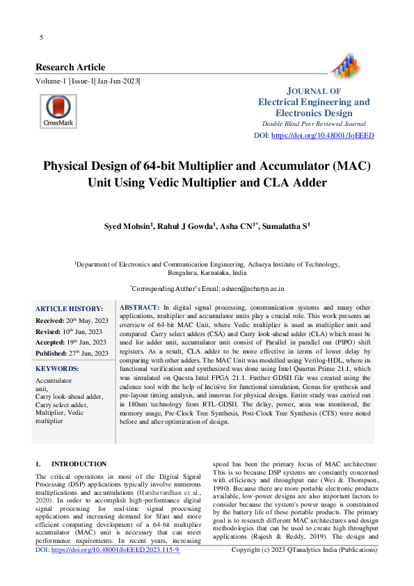 (PDF) Physical Design of 64-bit Multiplier and Accumulator (MAC) Unit Using Vedic Multiplier and ...