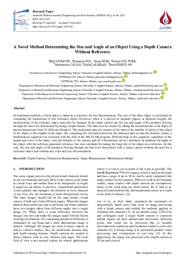 (PDF) A Novel Method Determining the Size and Angle of an Object Using a Depth Camera Without ...