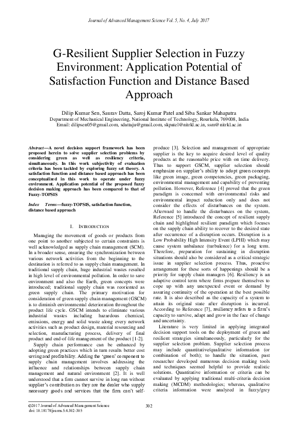 Pdf G Resilient Supplier Selection In Fuzzy Environment Application