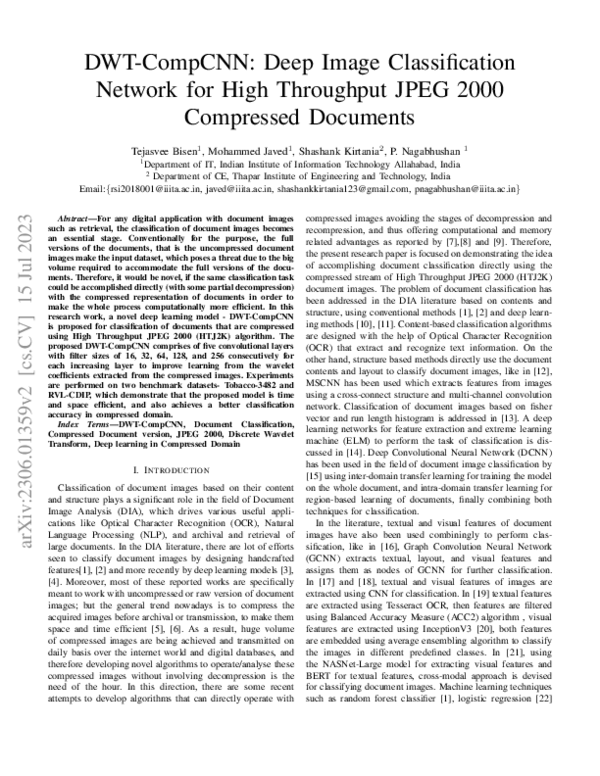(PDF) DWT-CompCNN: Deep Image Classification Network for High Throughput JPEG 2000 Compressed ...