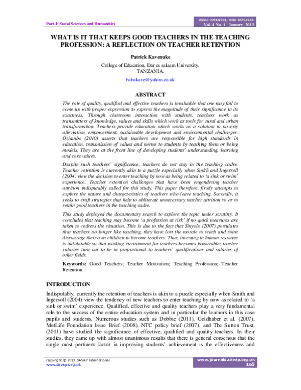 (PDF) What is It That Keeps Good Teachers in the Teaching Profession: A Reflection on Teacher ...