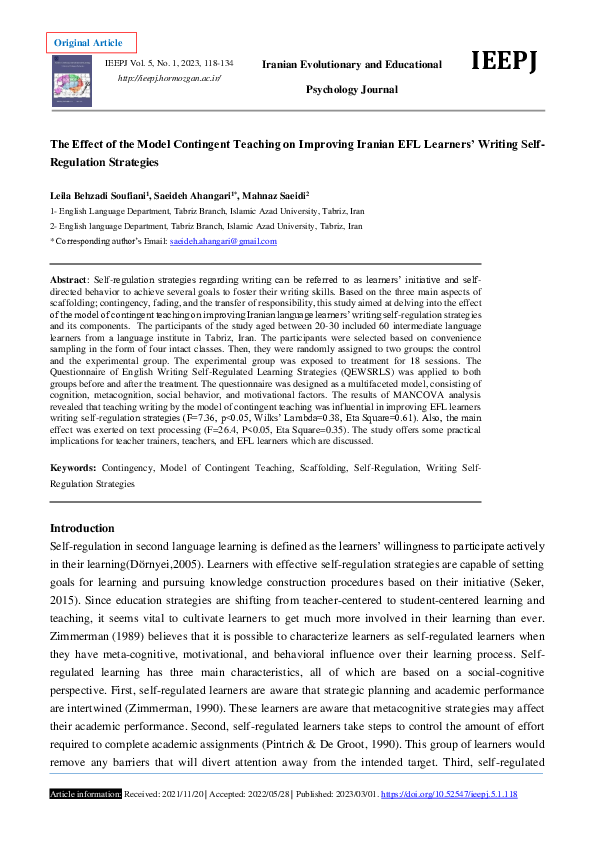 (PDF) The Effect of the Model Contingent Teaching on Improving Iranian EFL Learners’ Writing ...
