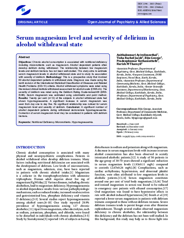 (PDF) Serum magnesium level and severity of delirium in alcohol ...