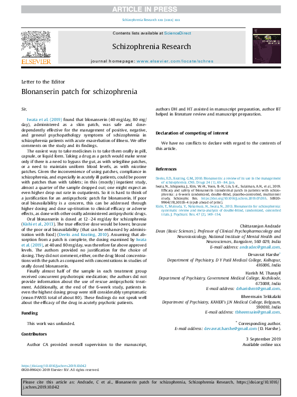(PDF) Blonanserin patch for schizophrenia