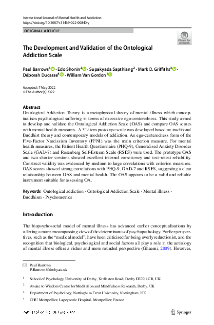 (PDF) The Development and Validation of the Ontological Addiction Scale | Dr Edo Shonin ...