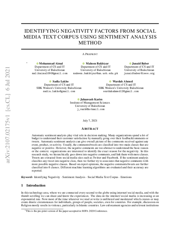 (PDF) Identifying negativity factors from social media text corpus using sentiment analysis method