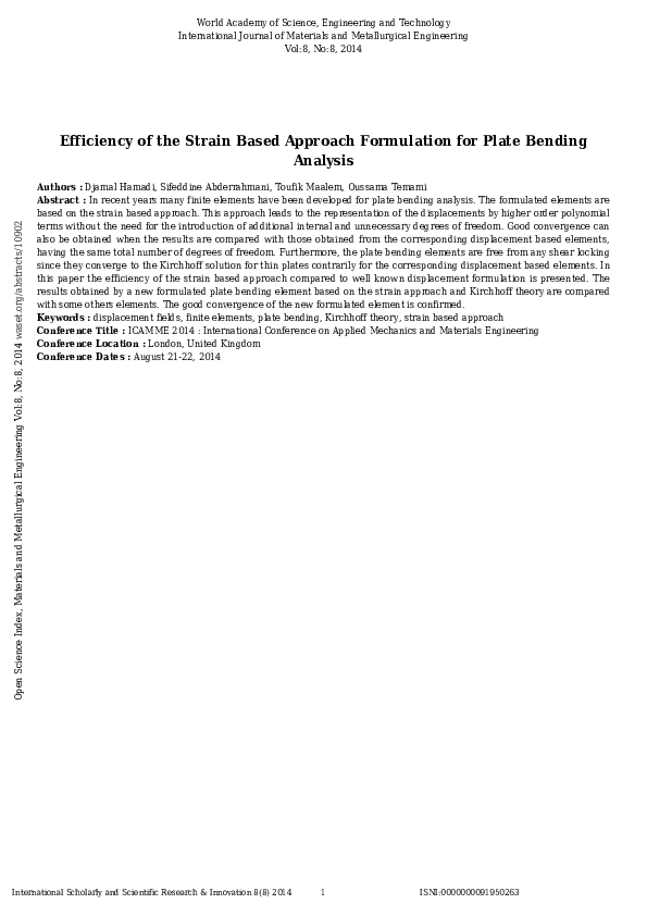 (PDF) Efficiency of the Strain Based Approach Formulation for Plate ...