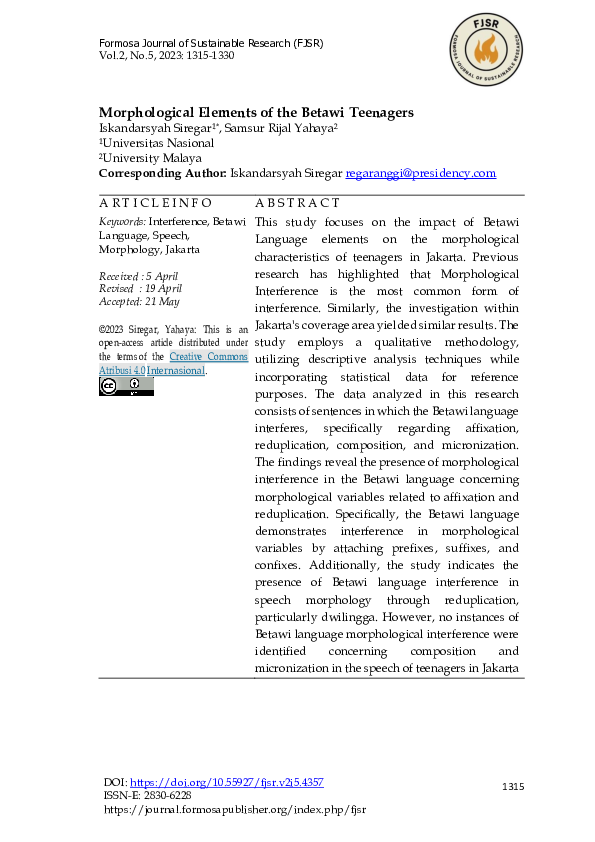 (PDF) Morphological Elements of the Betawi Teenagers