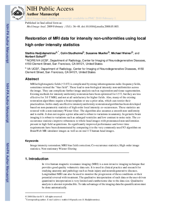 (PDF) Restoration of MRI data for intensity non-uniformities using ...