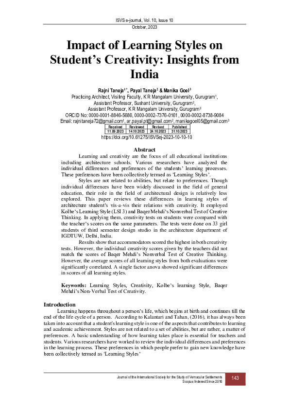 (PDF) Impact of Learning Styles on Student’s Creativity: Insights from ...
