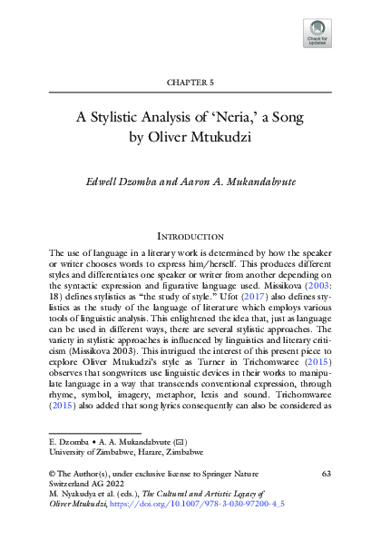 (PDF) A Stylistic Analysis of 'Neria,' a Song by Oliver Mtukudzi