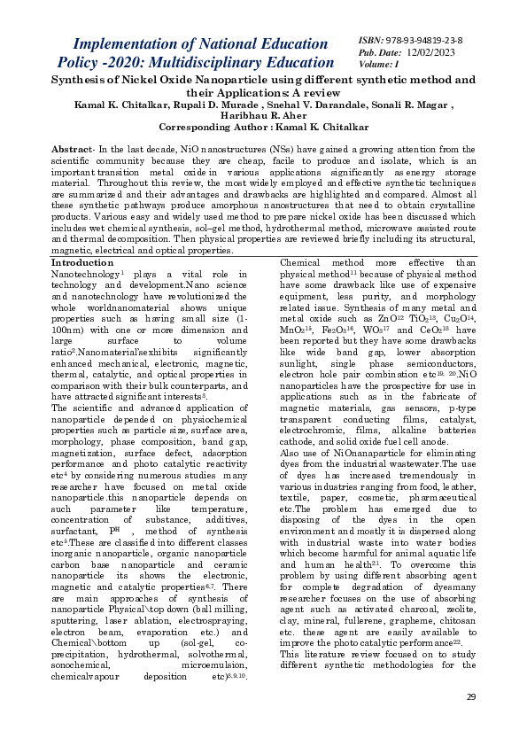 (PDF) Synthesis of Nickel Oxide Nanoparticle using different synthetic method and their ...