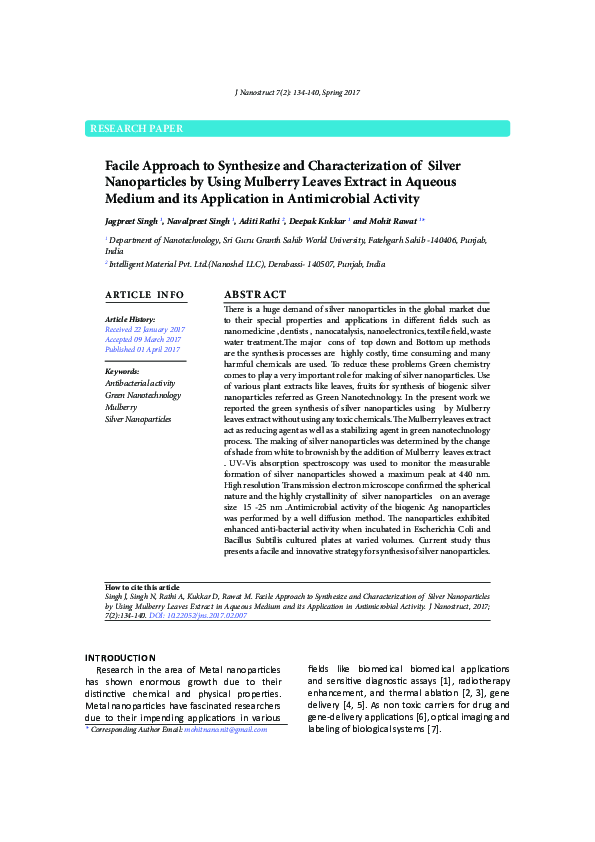 (PDF) Facile Approach to Synthesize and Characterization of Silver Nanoparticles by Using ...