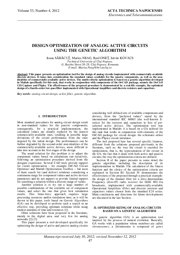 Pdf Design Optimization Of Analog Active Circuits Using The Genetic Algorithm