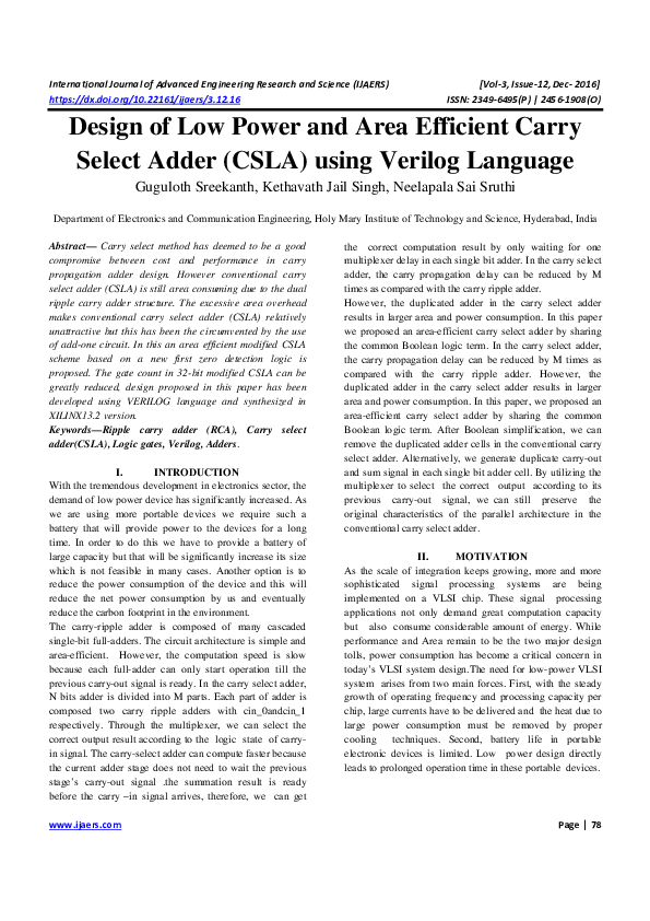 (PDF) Design of Low Power and Area Efficient Carry Select Adder (CSLA) using Verilog Language