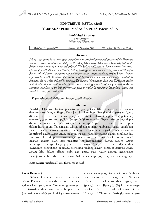 (PDF) Kontribusi Sastra Arab Terhadap Perkembangan Peradaban Barat