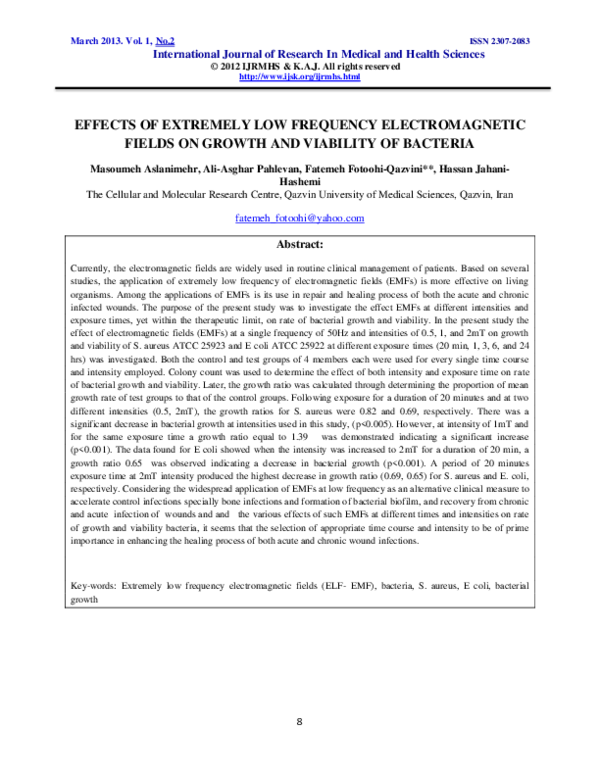 (PDF) Effects of Extremely Low Frequency Electromagnetic Fields on Growth and Viability of Bacteria