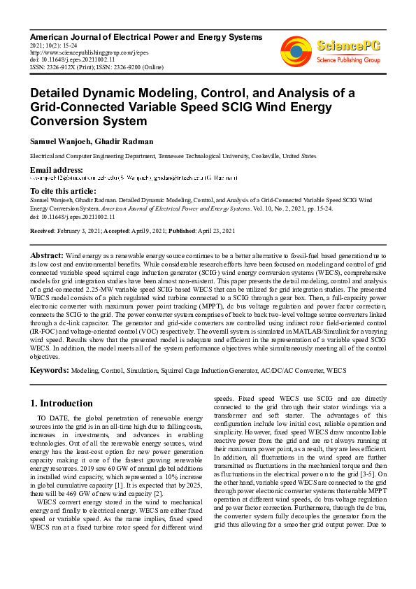 (PDF) Detailed Dynamic Modeling, Control, and Analysis of a Grid-Connected Variable Speed SCIG ...