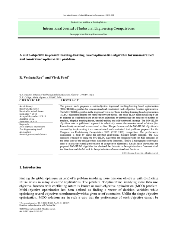 (PDF) A multi-objective improved teaching–learning based optimization ...