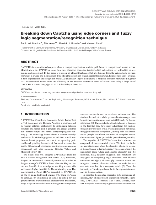 Pdf Breaking Down Captcha Using Edge Corners And Fuzzy Logic Segmentationrecognition Technique