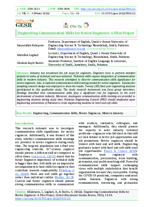 (PDF) Engineering Communication Skills for Novice Engineers: A Pilot Project