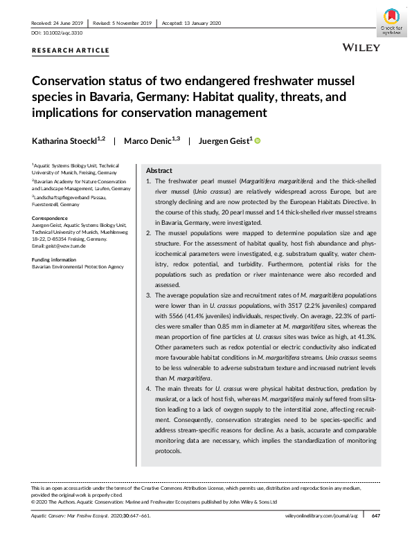 (PDF) Conservation status of two endangered freshwater mussel species ...