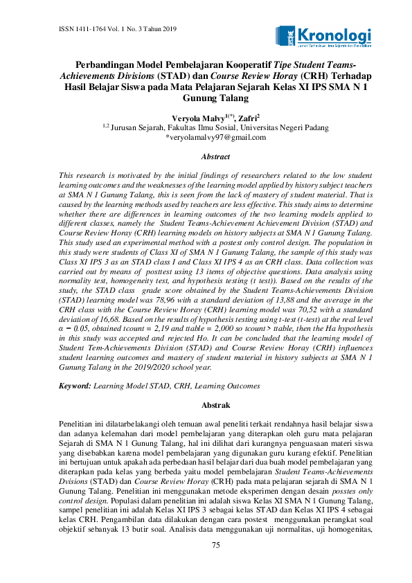 (PDF) Perbandingan Model Pembelajaran Kooperatif Tipe Student TeamsAchievements Divisions (STAD ...