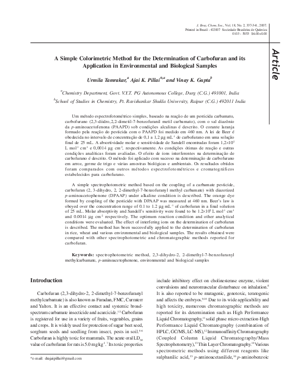 Pdf A Simple Colorimetric Method For The Determination Of Carbofuran And Its Application In