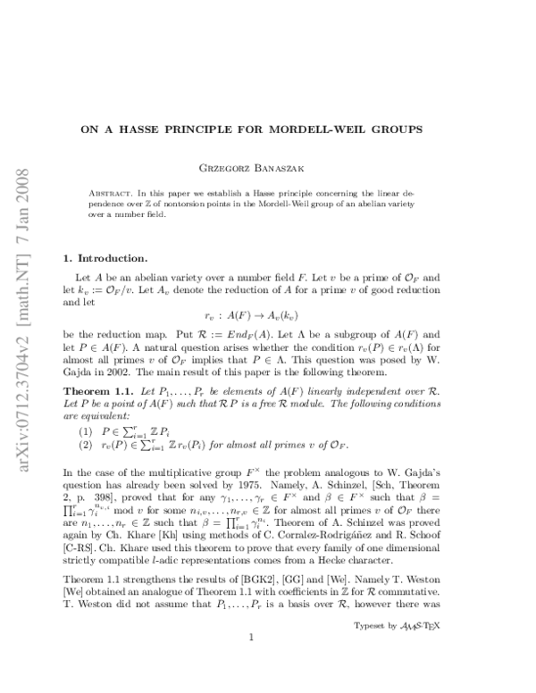 (PDF) On a Hasse principle for Mordell–Weil groups
