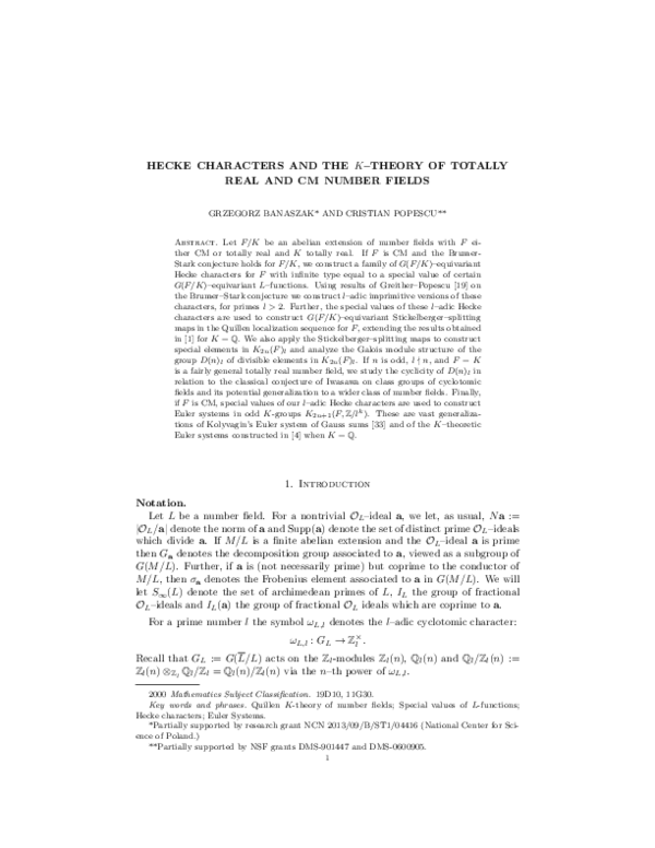 (PDF) Hecke characters and the $K$-theory of totally real and CM fields