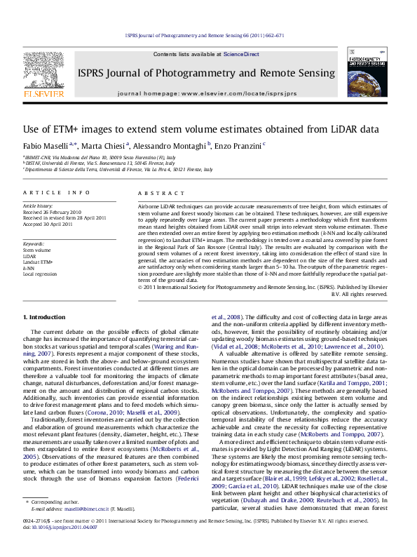 (PDF) Estimating Tree Stem Volume with ETM+ and LiDAR