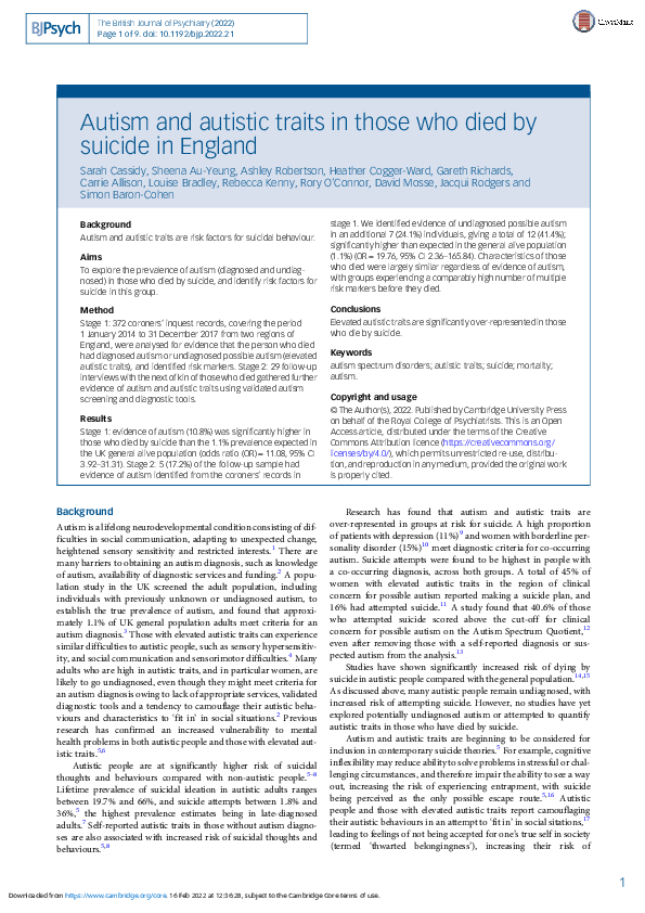 (PDF) Autism and autistic traits in those who died by suicide in ...