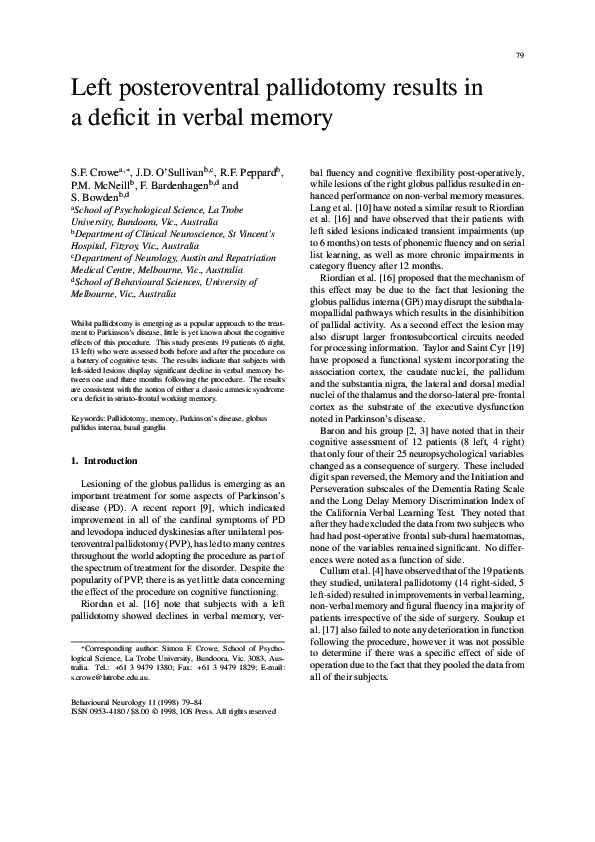 (PDF) Left Posteroventral Pallidotomy Results in a Deficit in Verbal Memory