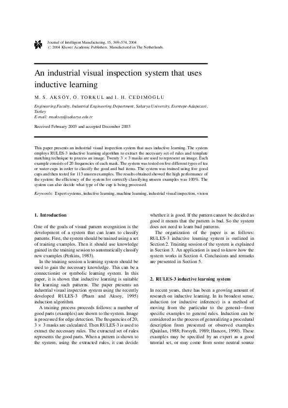 (PDF) An industrial visual inspection system that uses inductive learning
