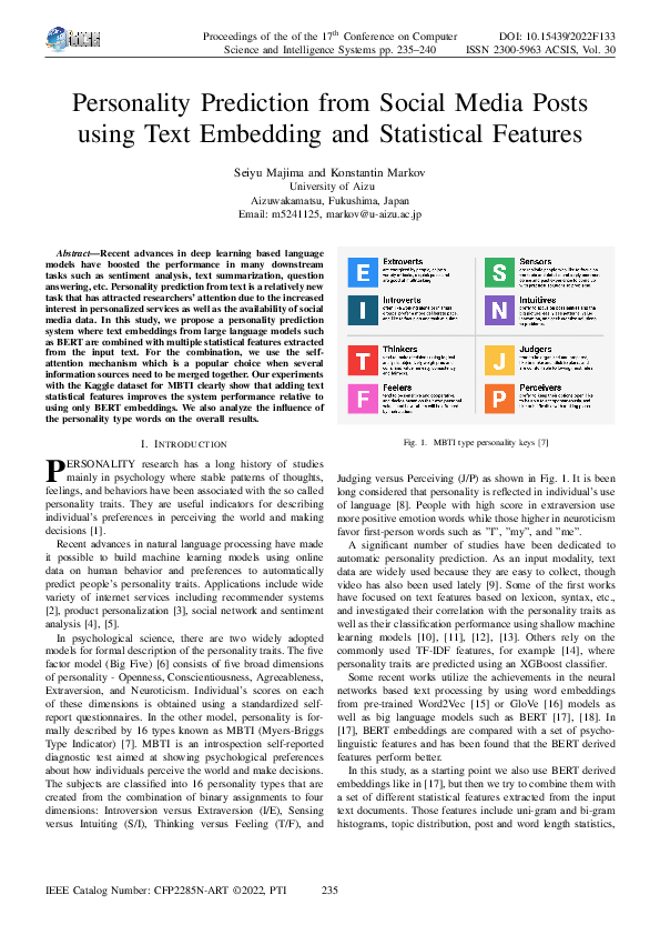 Pdf Personality Prediction From Social Media Posts Using Text Embedding And Statistical Features
