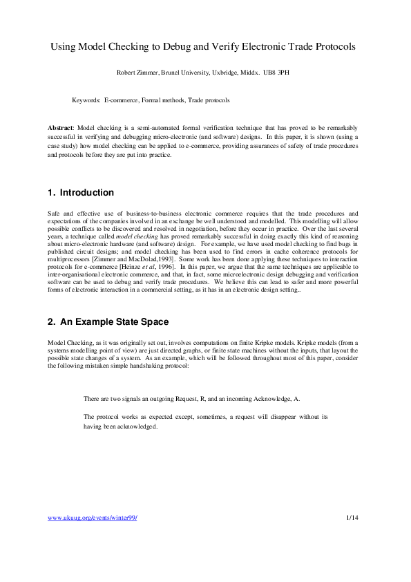 (PDF) Using Model Checking to Debug and Verify Electronic Trade Protocols
