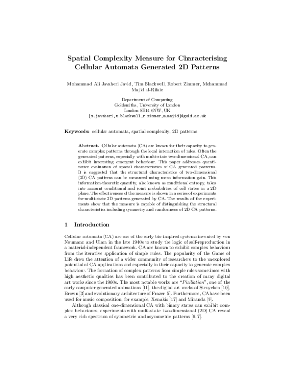 Pdf Spatial Complexity Measure For Characterising Cellular Automata Generated 2d Patterns