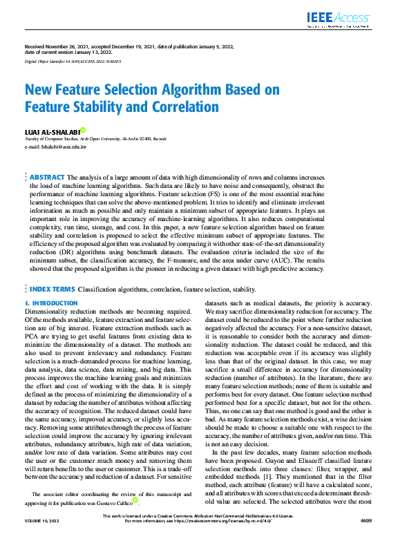 (PDF) New Feature Selection Algorithm Based on Feature Stability and Correlation
