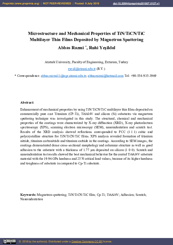 (PDF) Microstructure and Mechanical Properties of TiN/TiCN/TiC Multilayer Thin Films Deposited ...