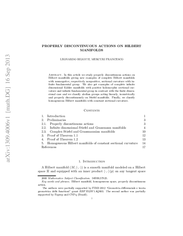 (PDF) Properly discontinuous actions on Hilbert manifolds