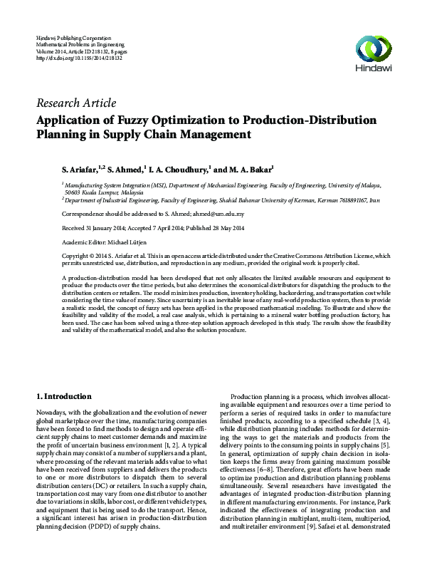 Pdf Application Of Fuzzy Optimization To Production Distribution Planning In Supply Chain