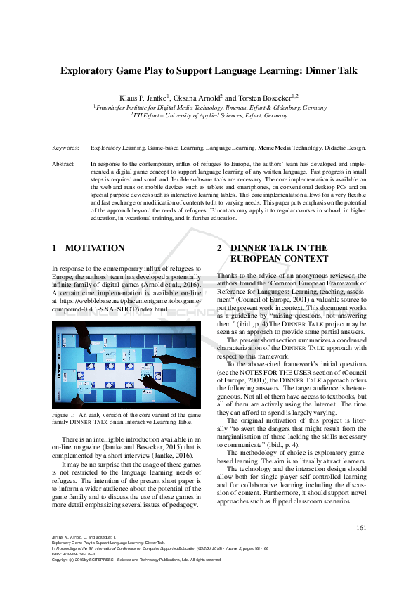 (PDF) Exploratory Game Play to Support Language Learning: Dinner Talk | Klaus P . Jantke ...