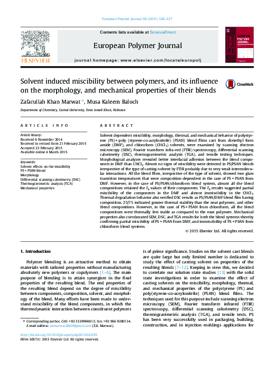 (PDF) Solvent induced miscibility between polymers, and its influence ...
