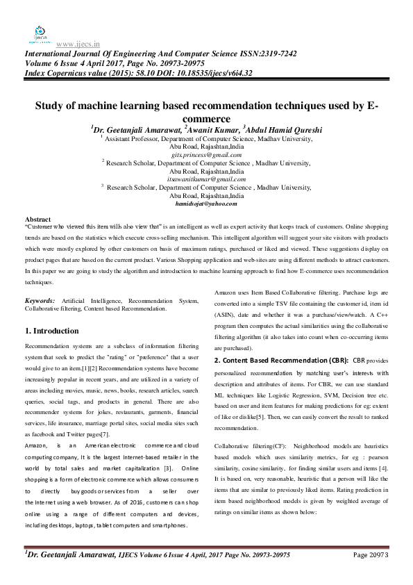 (PDF) Study of machine learning based recommendation techniques used by E-commerce