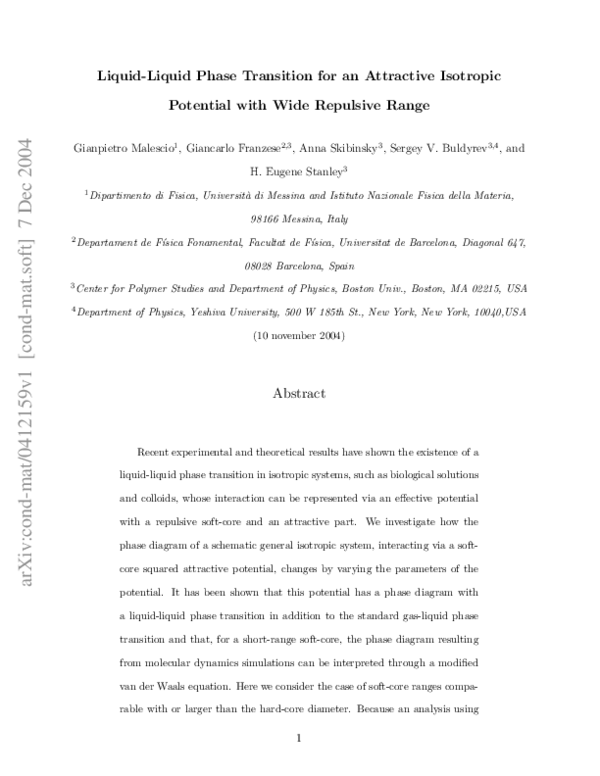 (PDF) Liquid-liquid phase transition for an attractive isotropic ...