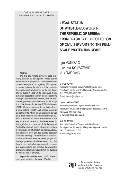 (PDF) Legal Status of Whistle-Blowers in the Republic of Serbia: from ...