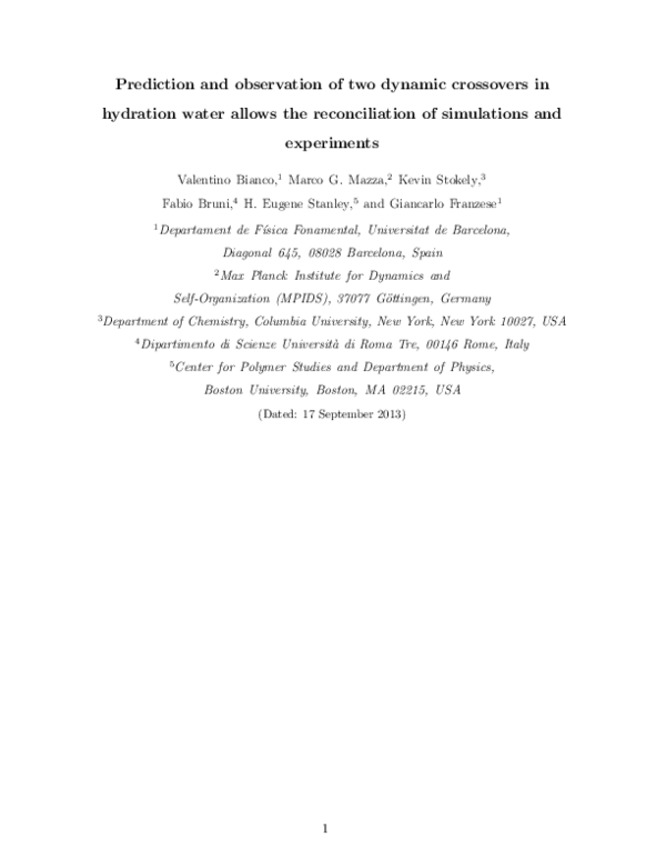 (PDF) Prediction and observation of two dynamic crossovers in hydration water allows the ...