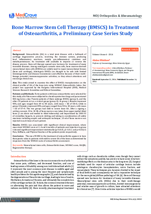 (PDF) Bone Marrow Stem Cell Therapy (BMSCS) In Treatment of Osteoarthritis, a Preliminary Case ...